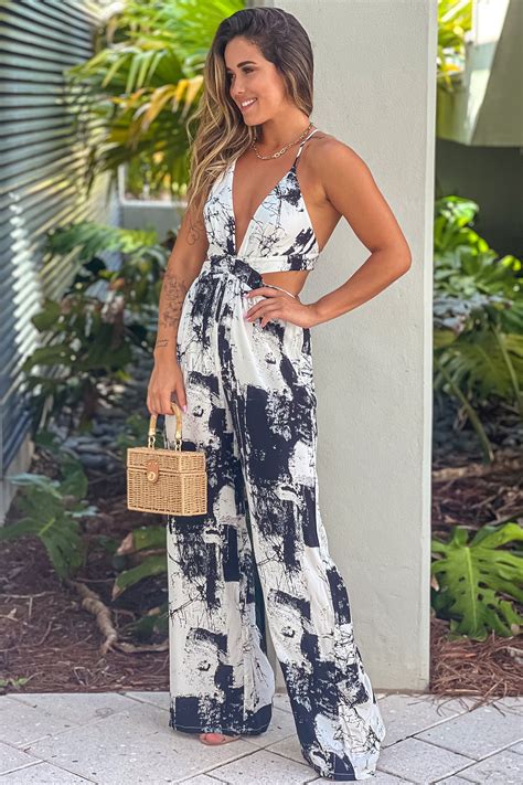Black Printed Jumpsuit With Criss Cross Back Cute Jumpsuits Saved