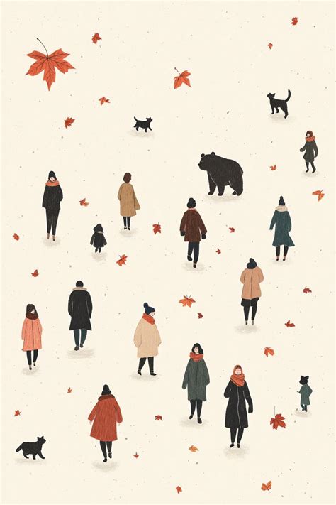 사람들이 거리를 걷고 있는 미니멀한 손그림 일러스트로 고양이와 거대한 곰이 있으며 공중에 단풍잎이 떨어지고 모두 양모로 만든 가을 옷을 입고 배경은 연한 베이지색입니다