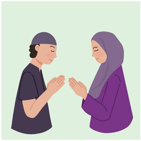 Vector Moslem Woman And Man Gesturing Ramadan Polite Hand Halal Bi