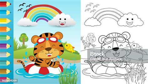 경치 좋은 배경에 강에서 부표로 수영하는 재미있는 호랑이의 벡터 만화 강에 대한 스톡 벡터 아트 및 기타 이미지 강 경관 고양잇과 Istock