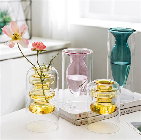 Crystal Double Glass Vase Green Brown Glass Vase Flower Globe Vase