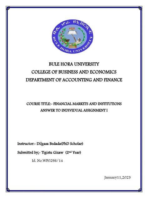 Financial Markets And Institutions Answer To Individual Assignment I