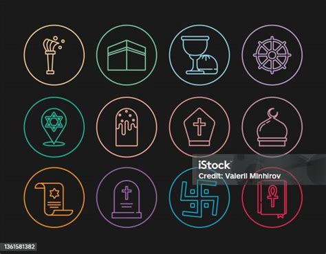 세트 라인 크로스 앙크 책 이슬람 모스크 성배 또는 성배 부활절 케이크 다윗의 별 아스퍼 길룸 교황 모자와 카바 모스크 아이콘 벡터 공휴일에 대한 스톡 벡터 아트 및 기타