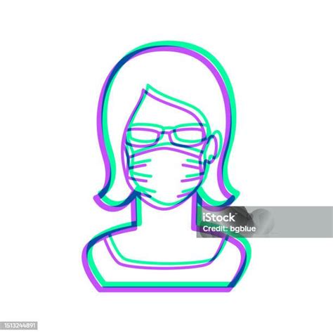의료용 안면 보호 마스크를 쓴 여자 흰색 배경에 두 가지 색상이 오버레이된 아이콘 0명에 대한 스톡 벡터 아트 및 기타 이미지