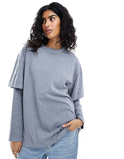 Asos Design Double Layer Oversized T Shirt In Washed Grey Asos