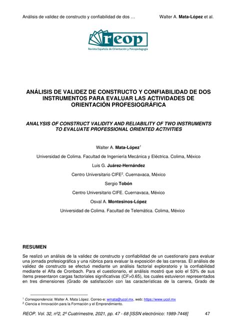 Pdf Análisis De Validez De Constructo Y Confiabilidad De Dos