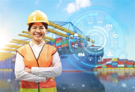 Engineer Or Worker Work At Container Terminal Port Stock Illustration