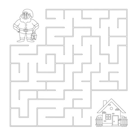 벡터 일러스트 레이 션 어린이 퍼즐 미로 흑백 그림 색칠하기 책 난쟁이가 집으로가는 길을 찾도록 도와주세요 프리미엄 벡터