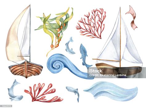 하얀 배경에 분리된 빈티지 스타일의 수채화 삽화를 타고 있는 범선들 범선 파도 위의 배 해초 물고기 손으로 그린 것 소년 방 스티커 엽서에 대한 유치한 디자인 범선