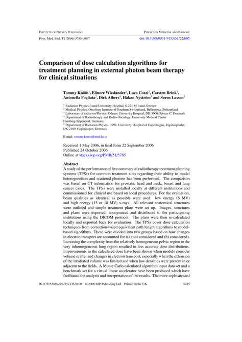Pdf Qualitative Comparison Of Dose Calculation Algorithms For Treatment Planning In External