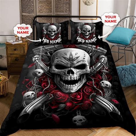 Tmarc Tee Customize Name Couple Skull Art Bedding Set Tmarc Tee Bedding Set Skull Art
