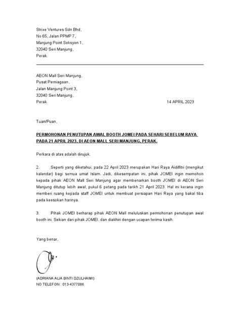 Permohonan Tutup Awal Jomei Aeon Manjung Pdf