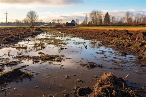 Premium Ai Image Flooded Field With Muddy Water And Debris Created With Generative Ai