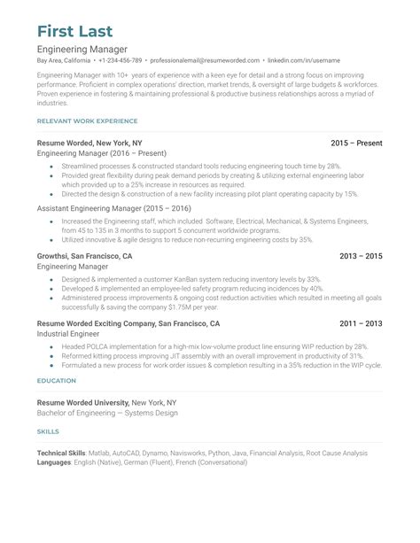 Engineering Manager Resume Example For 2023 Resume Worded
