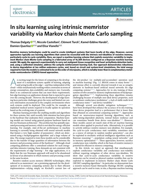 In Situ Learning Using Intrinsic Memristor Variability Via Markov Chain