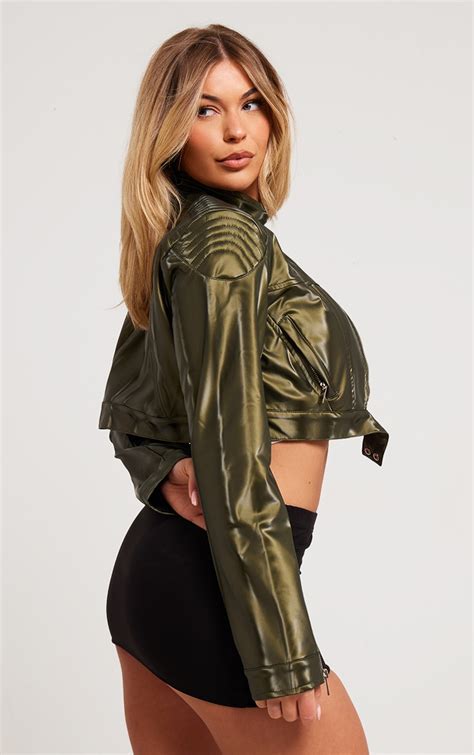Khaki Faux Leather Shoulder Cropped Biker Jacket Outerwear Prettylittlething