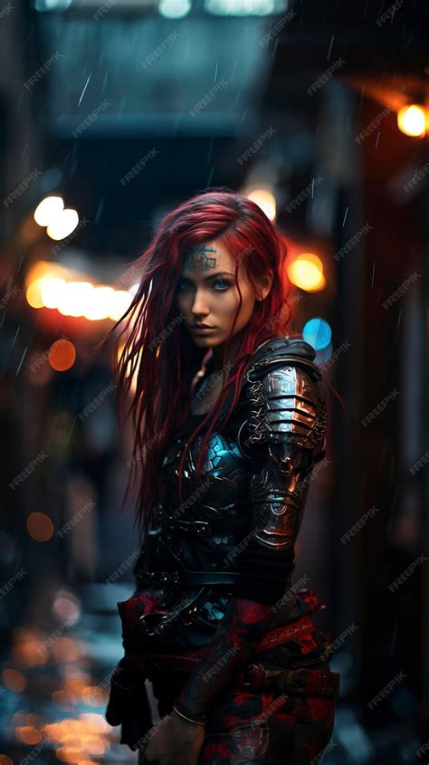 Premium Photo Redhead Woman Dressed In Modern Day Armour Walking On