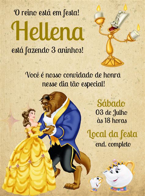 Convite aniversário Bela e a Fera Edite grátis nosso editor online