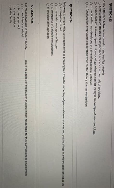 Solved Question 23 A Key Difference Between Functionalism And Conflict 1 Answer
