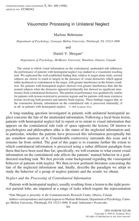 pdf visuomotor processing in unilateral neglect