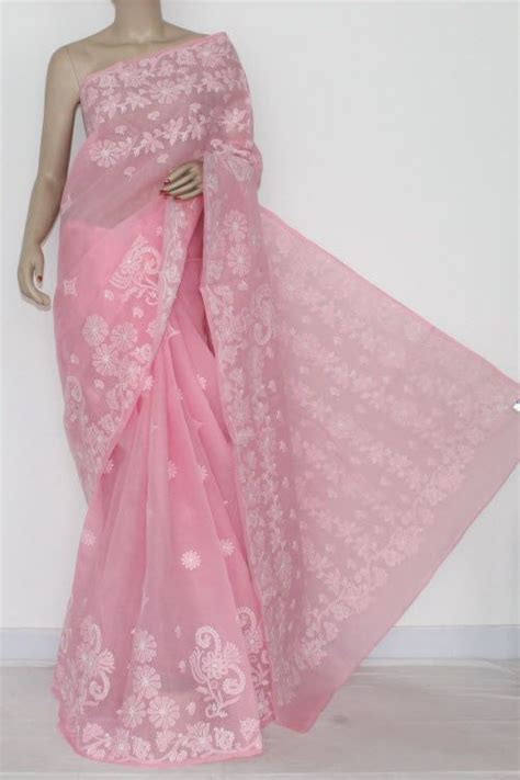 Pink Hand Embroidered Lucknowi Chikankari Saree With Blouse Cotton