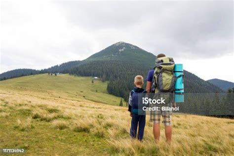 父親和兒子背著背包一起在夏日山裡徒步旅行父親和孩子手牽手欣賞風景山景的後視圖積極的生活方式家庭關係週末活動理念 照片檔及更多 一起 照片