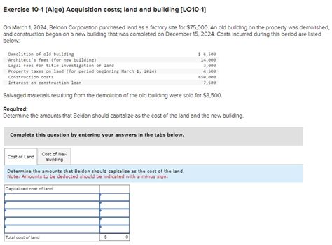 Solved Exercise 10 1 Algo Acquisition Costs Land And Chegg