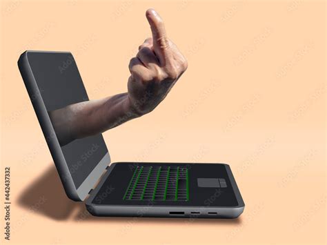 A Human Hand Sticking Out Of A Laptop With An Obscene Aggressive Index Finger Stock Photo