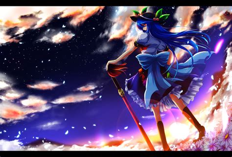 Safebooru 1girl Blue Hair Blue Skirt Boots Brown Boots Clouds Flower