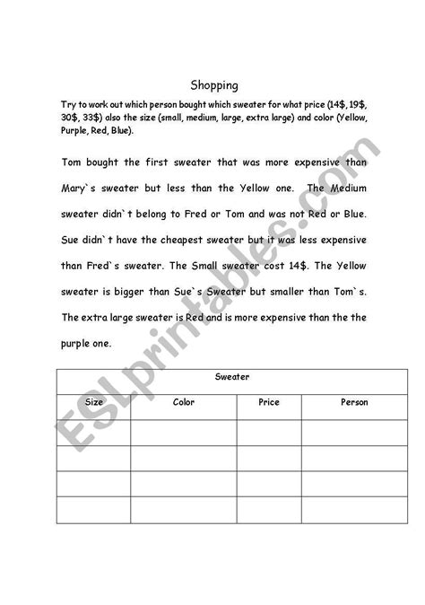 Shopping Logic Puzzle ESL Worksheet By Bigunit