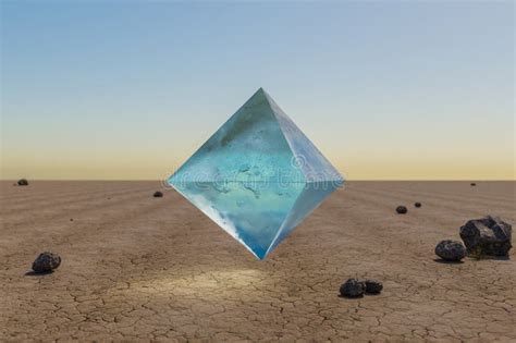 Single Ice Prism Pyramid Cube Hovering In The Air In Large Empty Desert