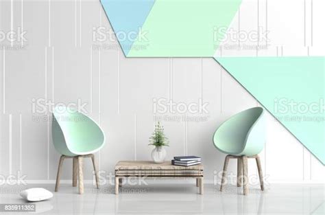 화이트그린 룸은 2 녹색의 자 유리 화병 흰 베개 파란 책 나무 장식 그리드 패턴 및 백색 시멘트 바닥은 흰색과 녹색 시멘트 벽 3d 렌더링입니다 단일 이미지에 대한 스톡