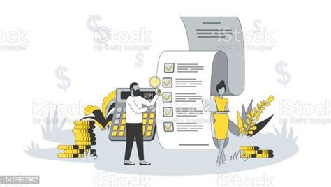 사람들과 함께 평면 디자인의 회계 개념 재무 데이터 계산 균형 분석 및 관리 컨설팅 및 감사 웹 배너에 대한 문자 장면이 있는