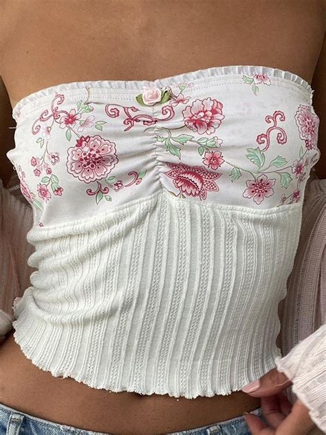 Emmiol Free Shipping 2025 Patchwork Floral Knitted Bandeau Top White S