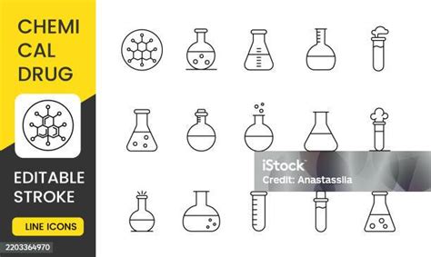 분자 구조 및 비커 시험관 및 플라스크와 같은 실험실 유리 기구를 포함한 화학 약물을 편집 가능한 획으로 나타내는 벡터 아이콘 집합입니다 0명에 대한 스톡 벡터 아트 및