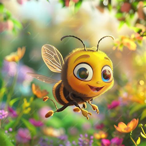 A Cute Bee Flying In The Air In The Style Of Disney Cartoon Character