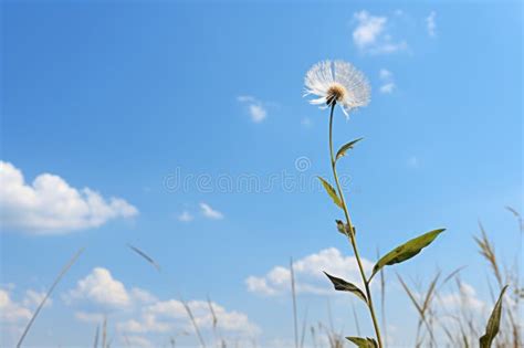 A Dandelion In A Field With A Blue Sky In The Background Stock