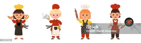 어린 아이들 요리사 캐릭터 에서 Toque 와 제복 요리 식사 벡터 세트 가정 주방에 대한 스톡 벡터 아트 및 기타 이미지