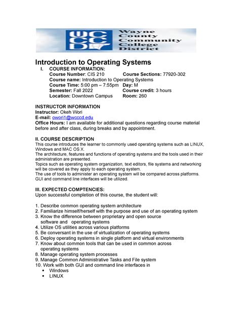 CIS 210 Class Syllabus 2022DT Introduction To Operating Systems I