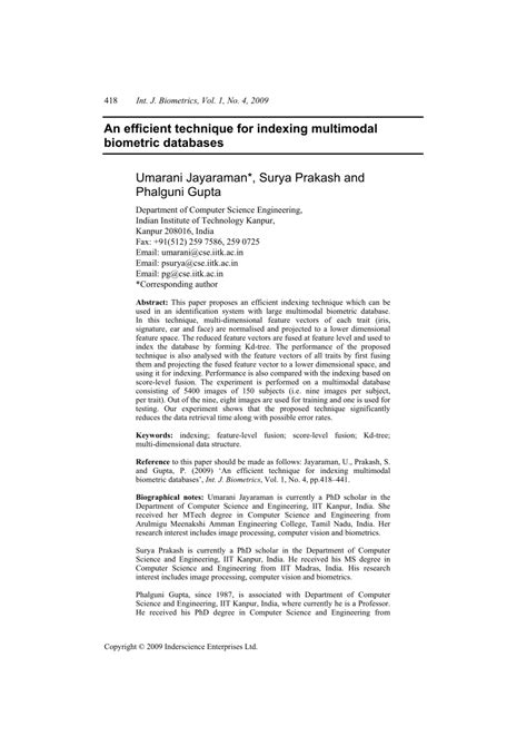 Pdf An Efficient Technique For Indexing Multimodal Biometric Databases