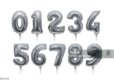 회색 헬륨 풍선 번호 리본 아이콘 세트 공기 풍선 숫자 기념일 파티 장식 년 생일 축하 기호에서 비행 벡터 123 Abc 숫자 0에서 9로 설정 풍선에 대한 스톡 벡터 아트