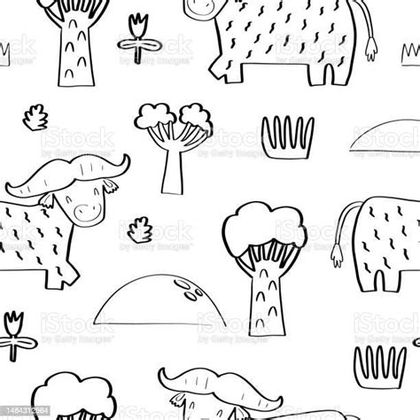 낙서 스타일의 귀여운 버팔로와 매끄러운 패턴 Safari 템플릿 직물 포장 의류 섬유 벽지 잠옷 아기 옷 침구에 대한 아기 패턴 벡터 가젤에 대한 스톡 벡터 아트 및 기타