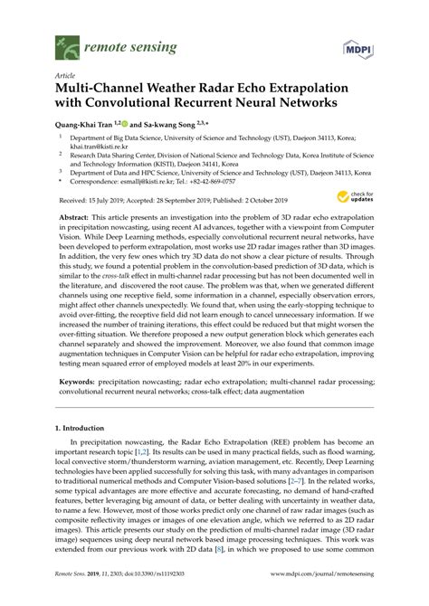 Pdf Multi Channel Weather Radar Echo Extrapolation With Convolutional Recurrent Neural Networks