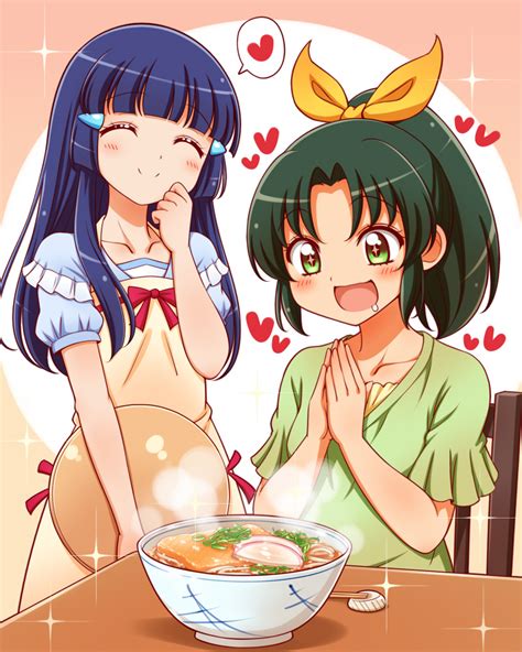 Safebooru 2girls D Aoki Reika Apron Blue Hair Blush Chopsticks