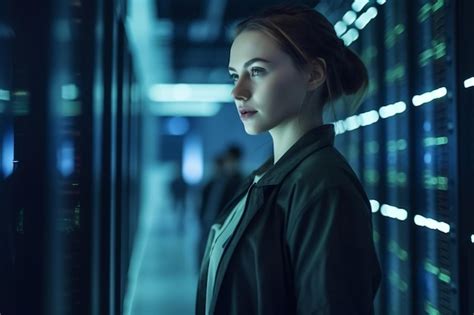 Premium AI Image Female IT Specialist Working At Futuristic Data Center Generative Ai