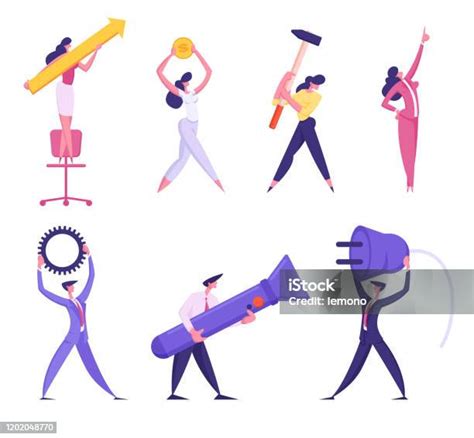 화살표 황금 동전 망치 톱니 바퀴 손전등 및 흰색 배경에 고립 플러그를 들고 사업가의 집합입니다 사업가와 사업가 작업 상황 만화 평면 벡터 일러스트 기어 기계 부분에 대한