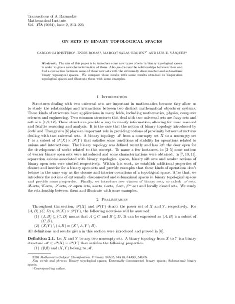 Pdf On Sets In Binary Topological Spaces