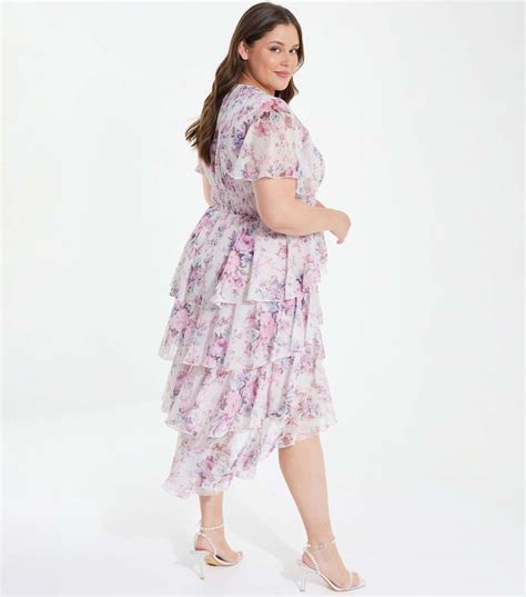 Quiz Curves Pink Floral Chiffon Midi Wrap Dress New Look