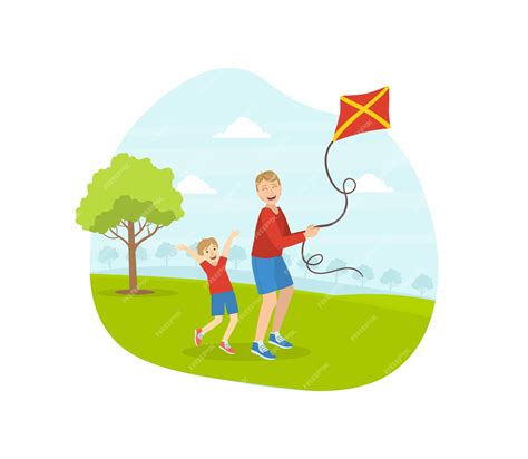 Premium Vector Father And His Son Playing Kite Smiling Dad Spending