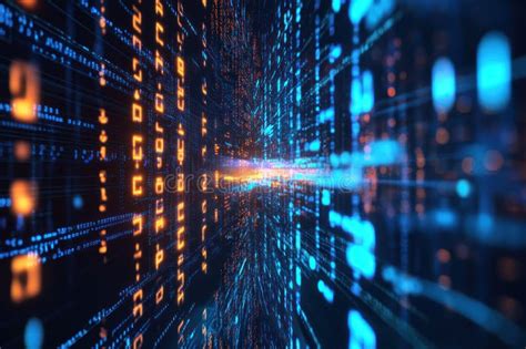 Dynamic Binary Code Visualization With Bright Orange And Blue Streams In Motion Representing